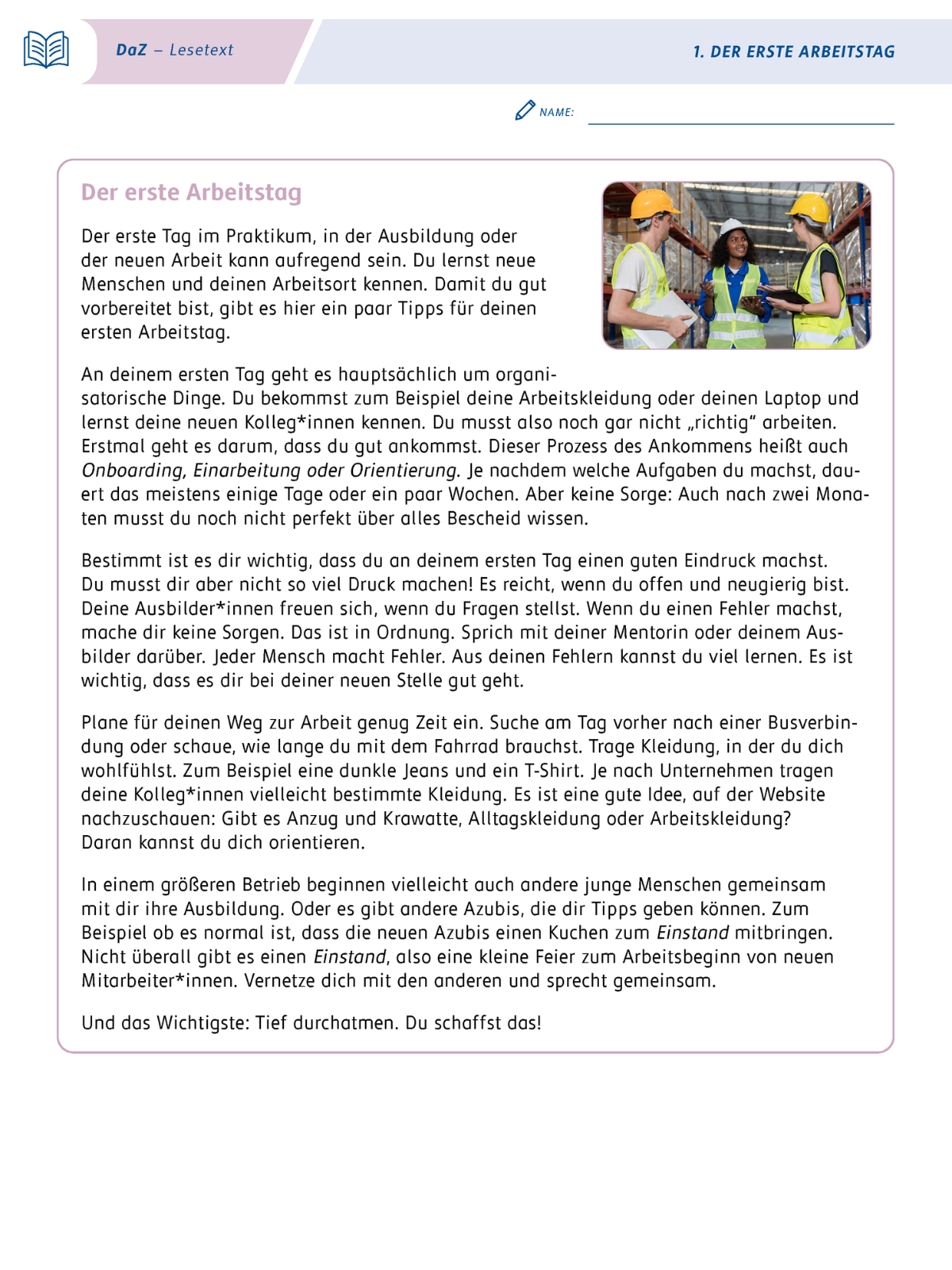 Lesetext - Der erste Arbeitstag (B1) - SchlaU:Lernen