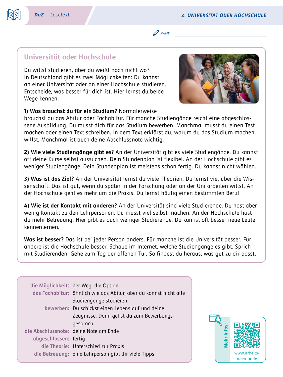 Lesetext - Universität oder Hochschule? (A2) - SchlaU:Lernen