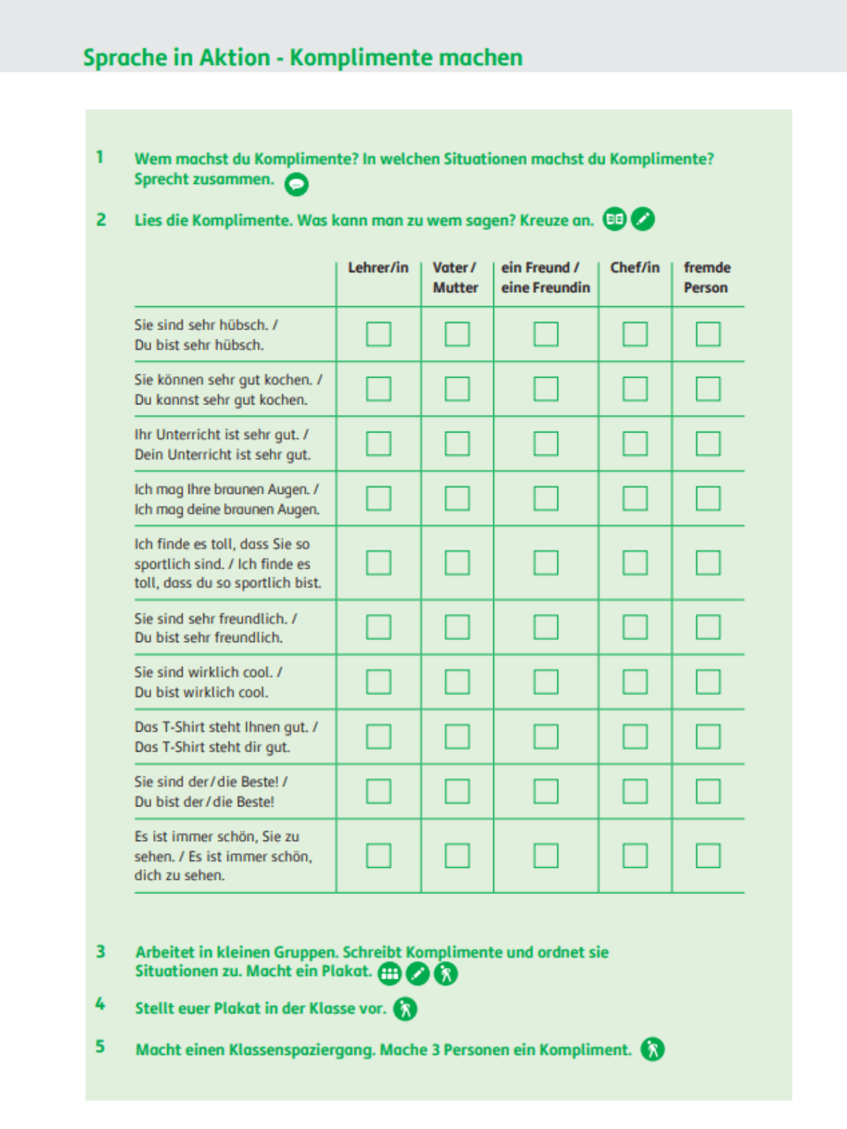 Sprache in Aktion - Komplimente machen - SchlaU:Lernen